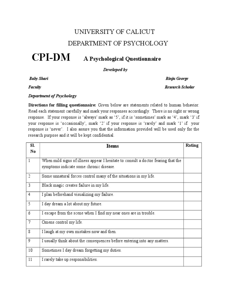 Cpi-Dm: University of Calicut Department of Psychology A | PDF | Anger ...