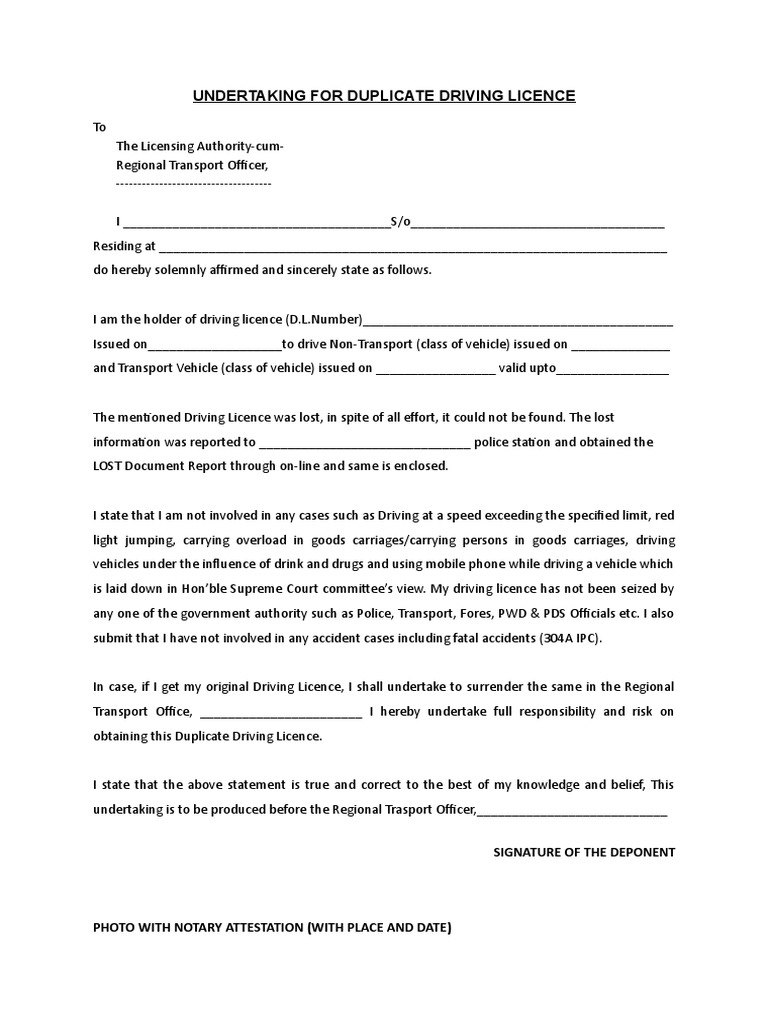 Undertaking For Duplicate Driving Licence | PDF