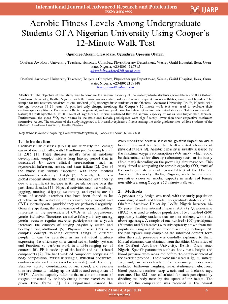 Aerobic Fitness Levels Among Undergraduate Students of A Nigerian ...