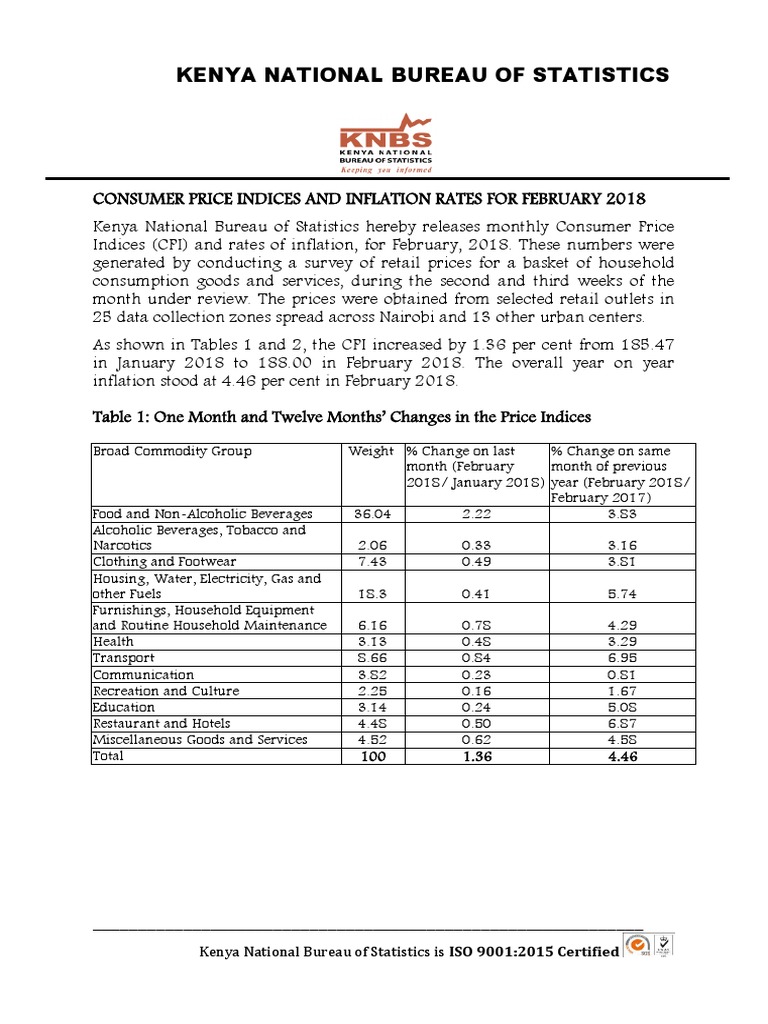 Kenya National Bureau of Statistics: Table 1: One Month and Twelve ...