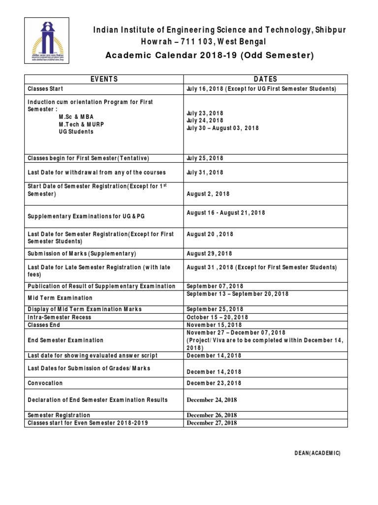 IIEST Shibpur Academic Calendar 2018-19 | PDF | Academic Term ...