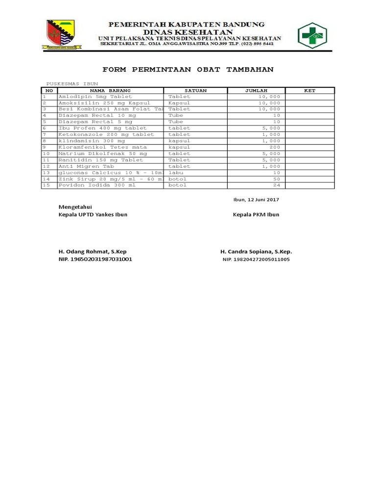 Form Permintaan Obat Tambahan: NO Nama Barang Satuan Jumlah KET | PDF ...