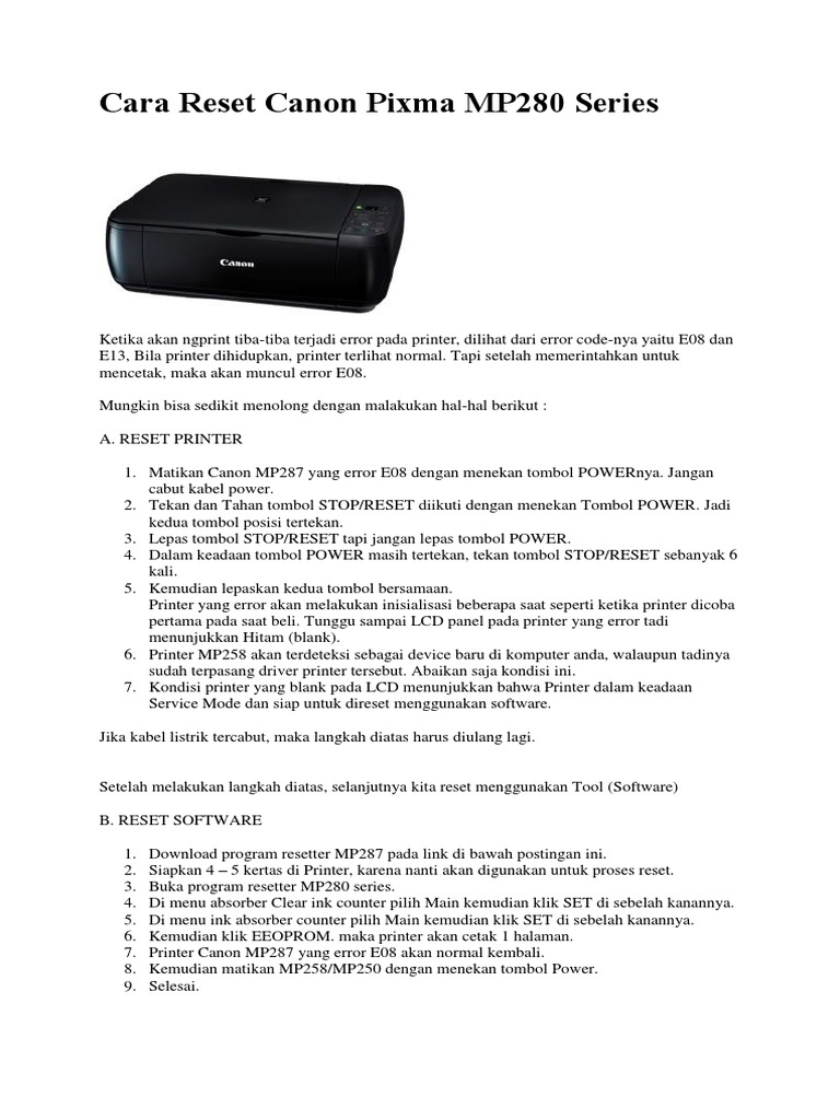 Reset Printer Canon Pixma MP280 | PDF | Pengelolaan Keuangan & Uang ...