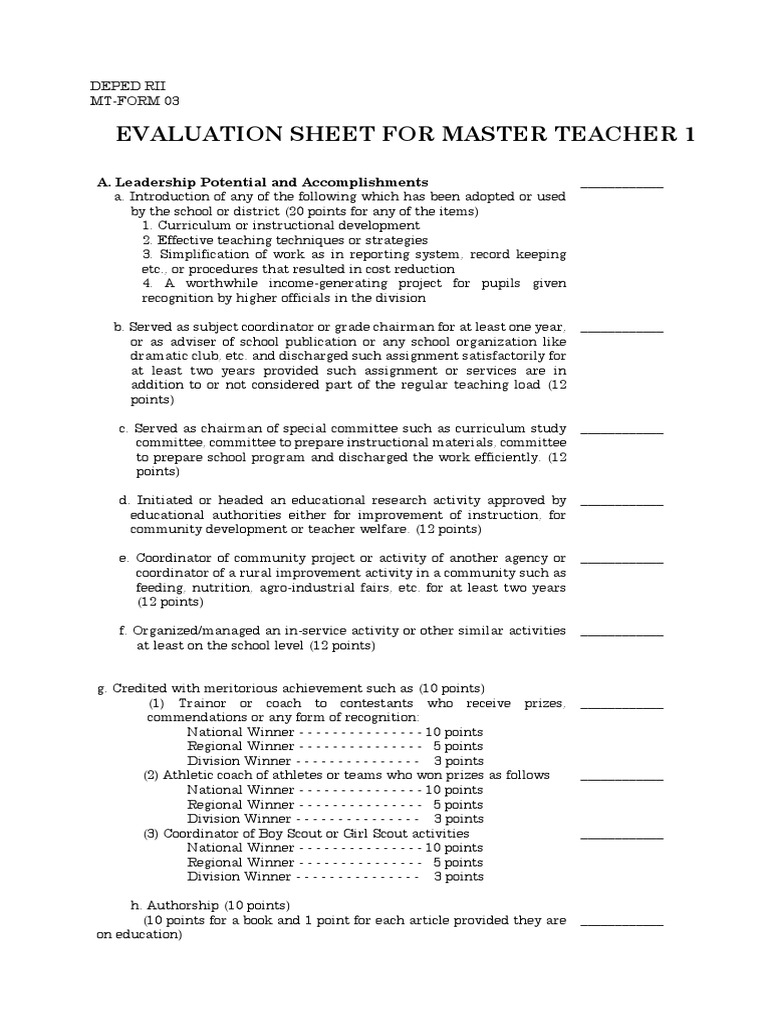 Evaluation Sheet For Master Teacher | PDF | Psychotherapy | Teachers