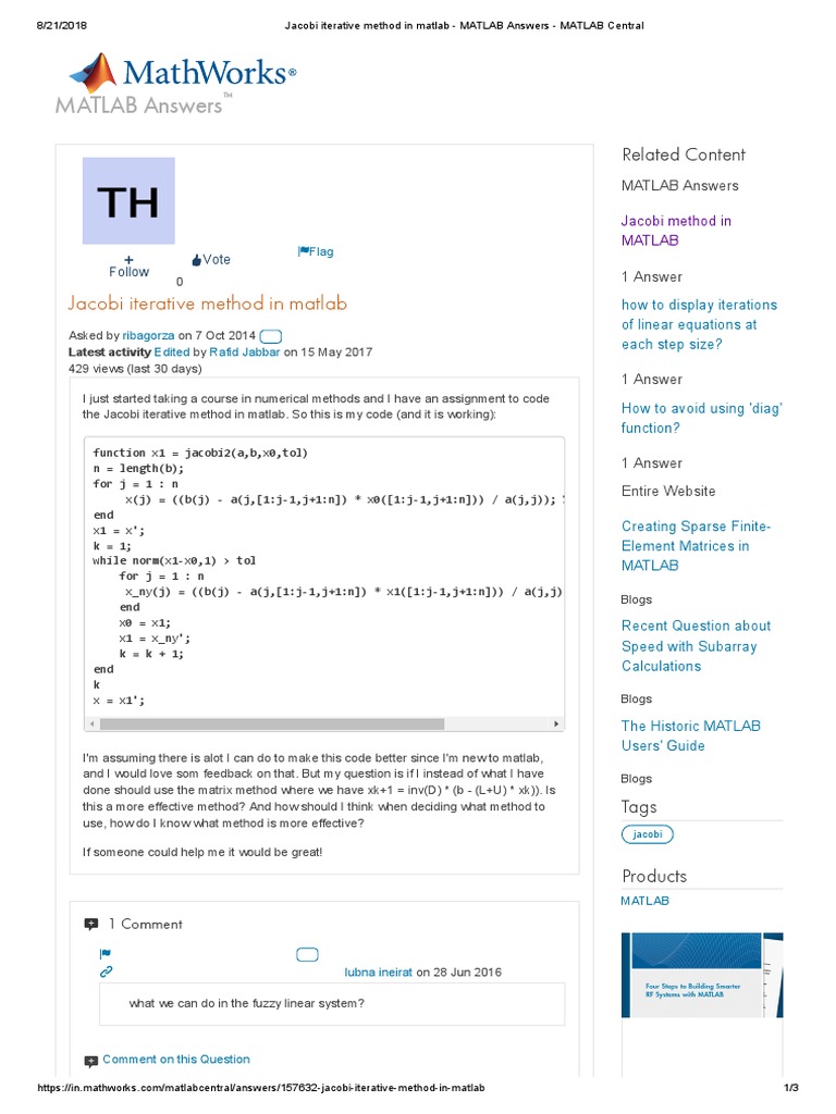 Jacobi Iterative Method In Matlab Matlab Answers Matlab Central Pdf Numerical Analysis