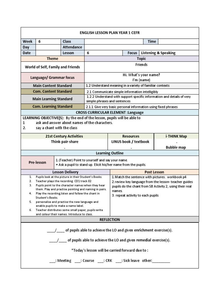 English Lesson Plan Year 1 Cefr | PDF | Lesson Plan | English Language