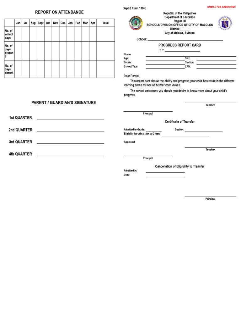 Deped Form 138 Jhs | PDF | Value (Ethics) | Teachers