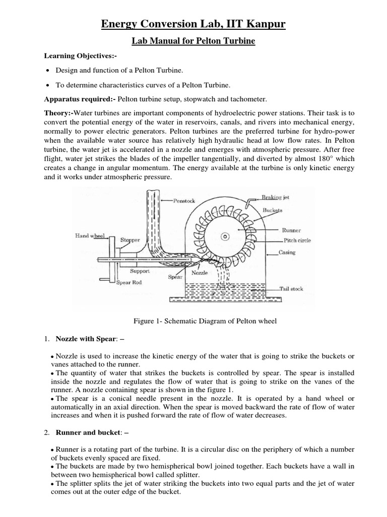 Energy Conversion Lab, IIT Kanpur: Lab Manual For Pelton Turbine | PDF | Turbine | Flow Measurement