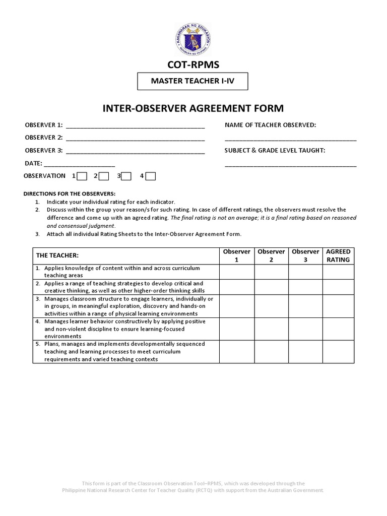Inter-Observer Agreement Form - MTI-IV 051018 | PDF