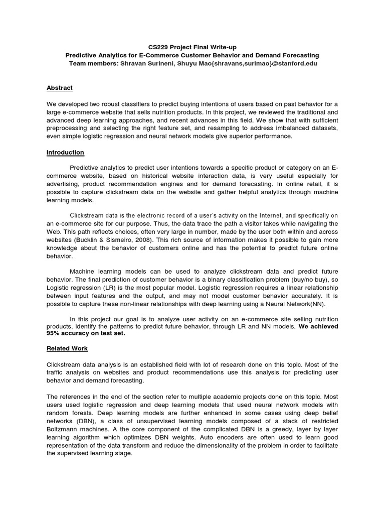 CS229 Project Final Write-Up Predictive Analytics For E-Commerce Customer Behavior and Demand ...