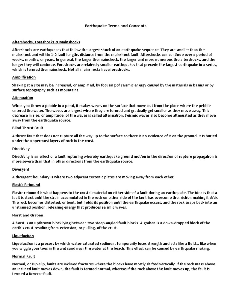 Earthquake Terms and Concepts | PDF | Fault (Geology) | Earthquakes