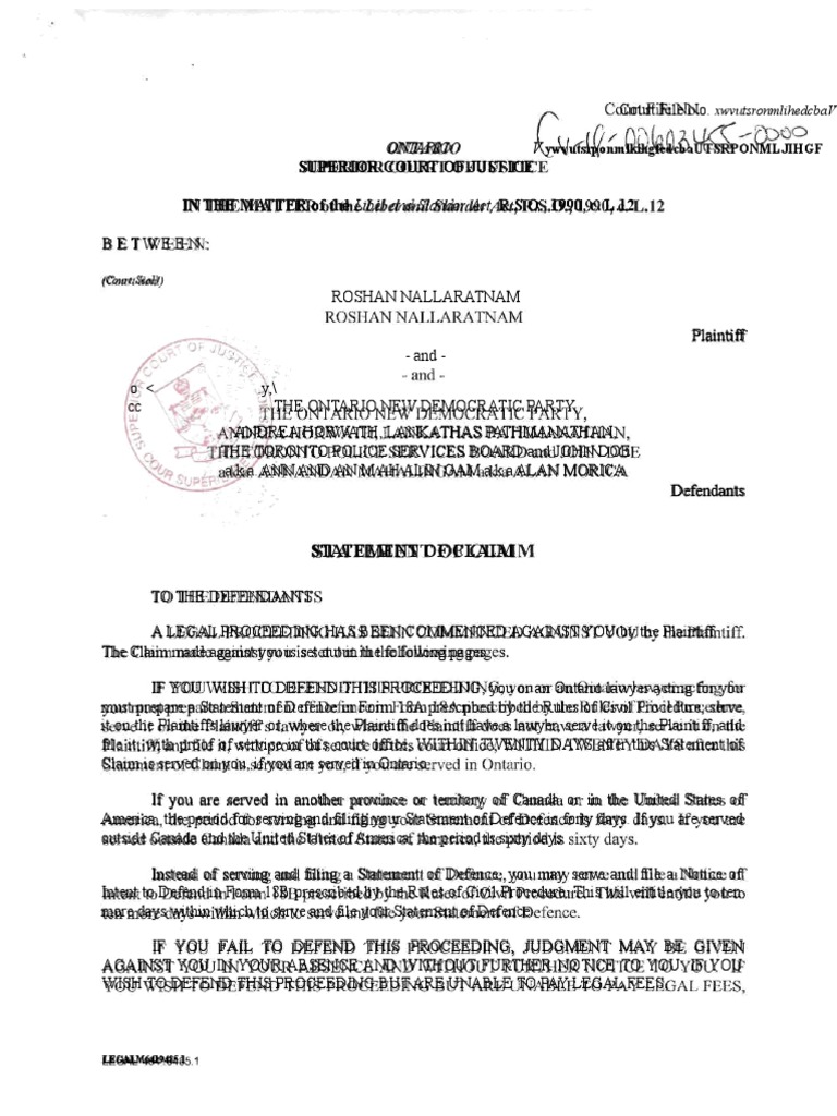 Nallaratnam Statement of Claim | PDF | Defamation | Damages