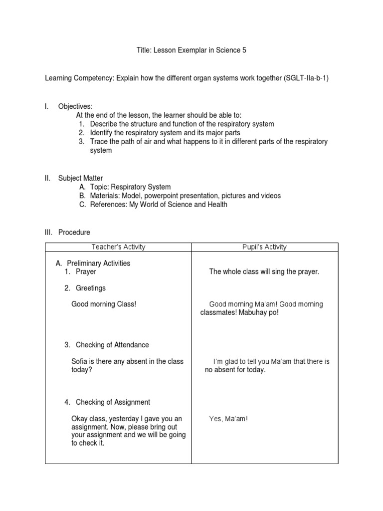 Lesson Exemplar in Science | PDF | Lung | Breathing