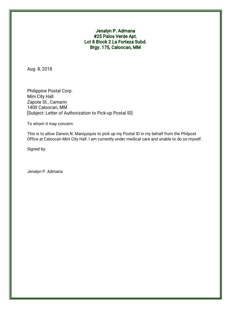 Authorization Letter To Pick Up PDF | PDF