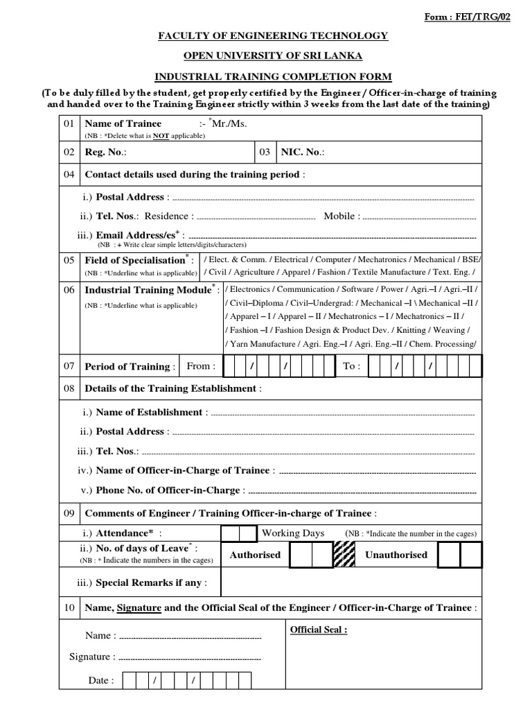 FET - TRG - 02 - Application Form - Completion of Industrial Training ...