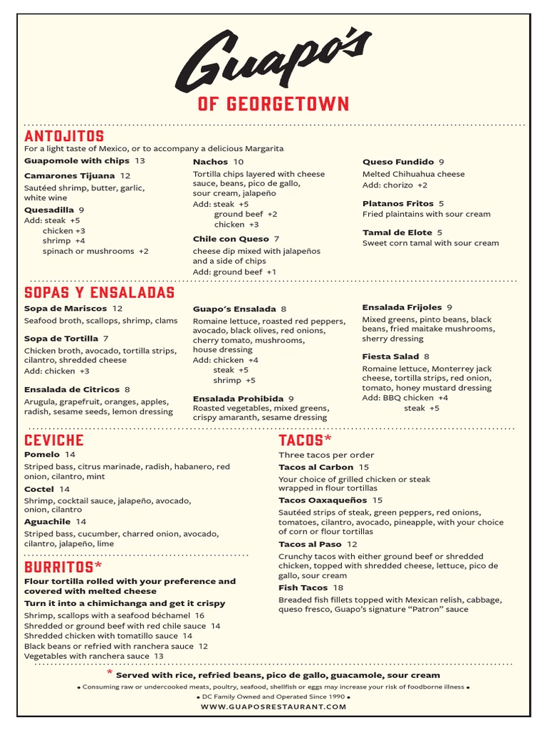 Guapo's Menu and Prices Overview | PDF | Taco | Salad