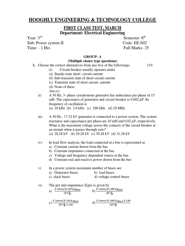 Analysis of a Power System II Exam Covering Synchronous Generators ...
