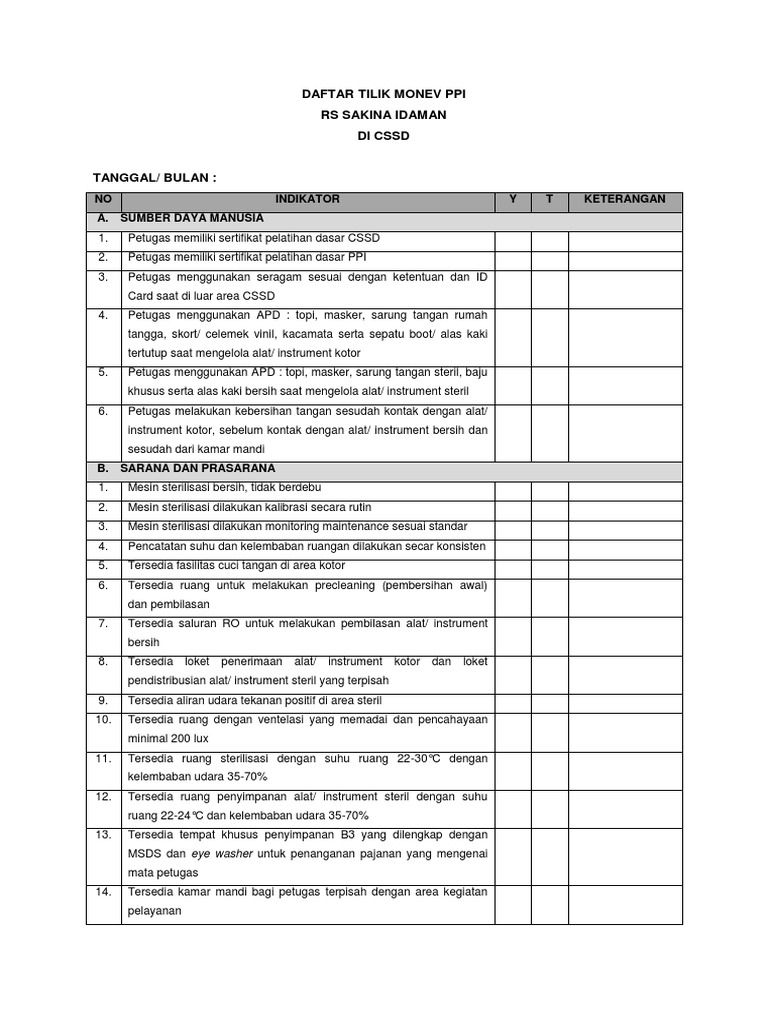 Daftar Tilik Monev Ppi Unit CSSD | PDF