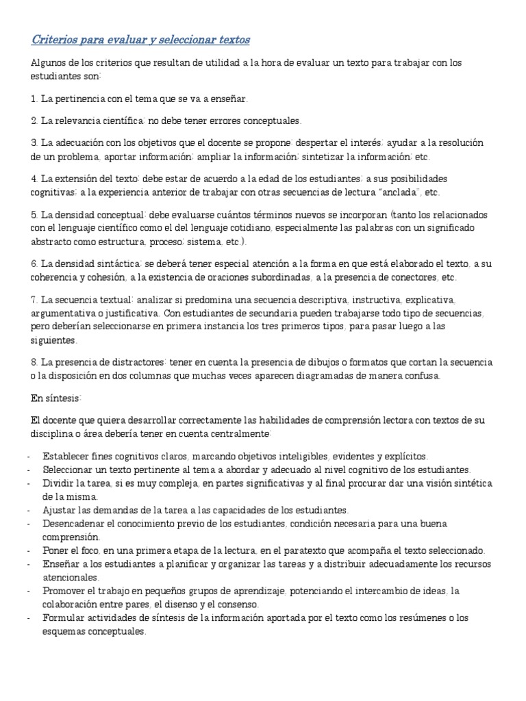 Criterios para Evaluar y Seleccionar Textos | PDF | Lectura (proceso ...