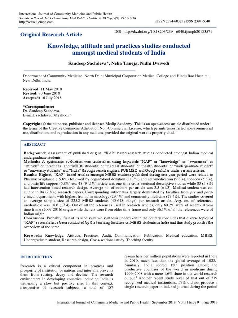 Knowledge, Attitude and Practices (KAP) Studies Conducted Amongst Medical Students of India ...