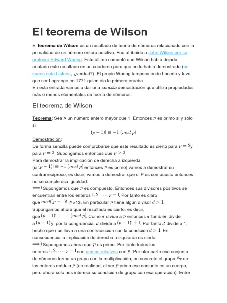 El Teorema de Wilson | PDF | Número primo | Álgebra abstracta