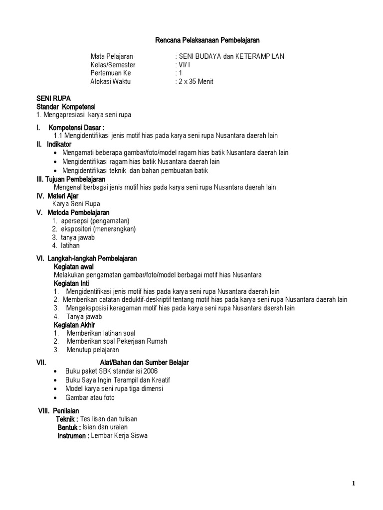 RPP SBK KLS 6 Sem 1 | PDF