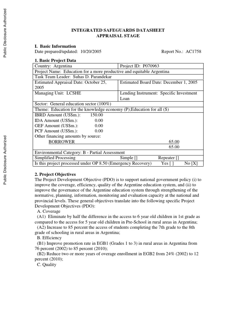 Integrated Safeguards Datasheet Appraisal Stage I. Basic Information ...