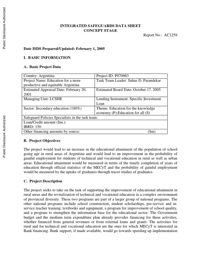 Integrated Safeguards Data Sheet Concept Stage | PDF | Vocational ...