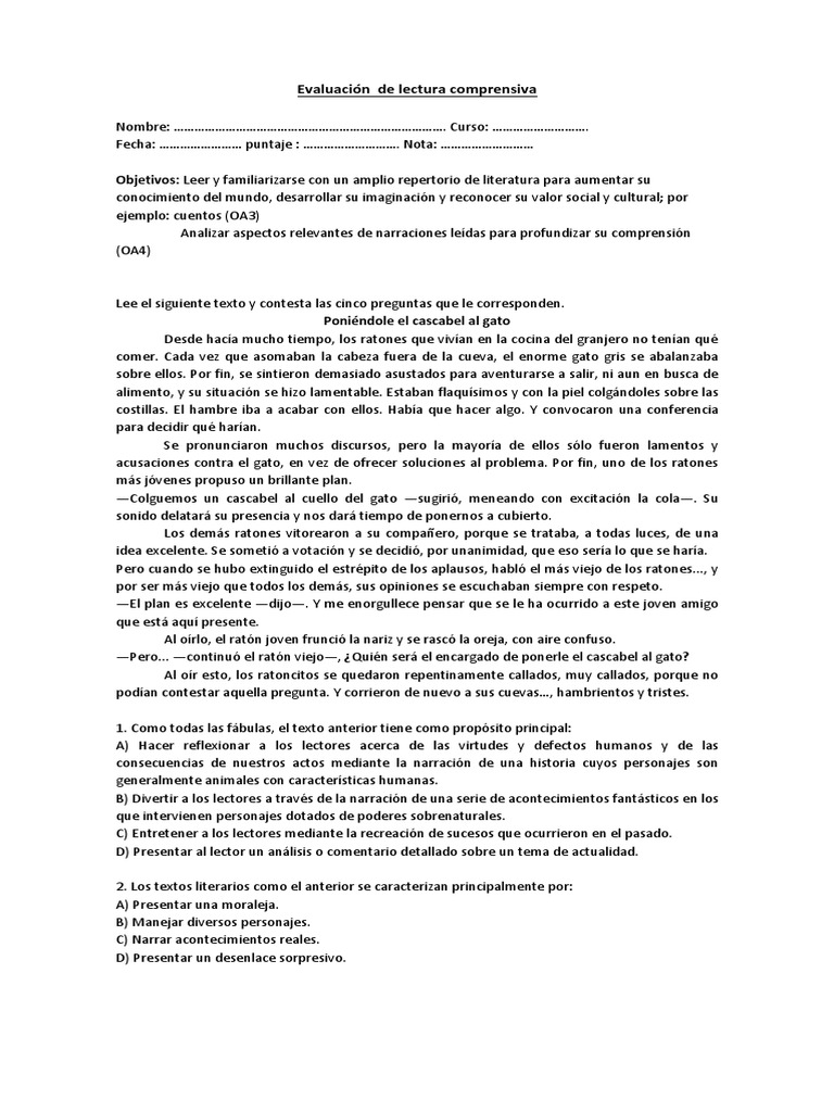 Evaluación de Lectura Comprensiva 5° | PDF