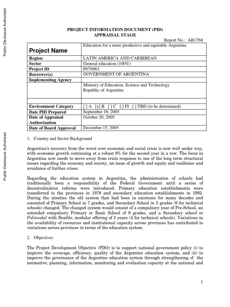 Project Name: Project Information Document (Pid) Appraisal Stage | PDF | Secondary Education ...