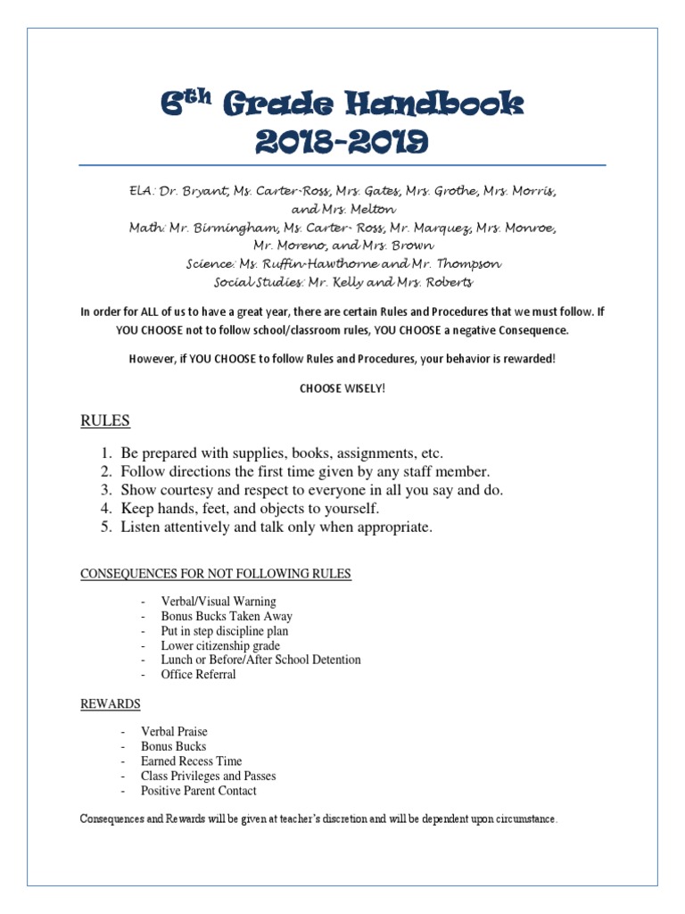 6th Grade Handbook | PDF | Homework | Teachers