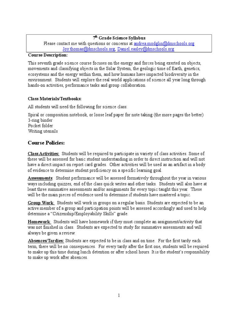 7th Grade Science Course Overview | PDF | Ecosystem | Homework