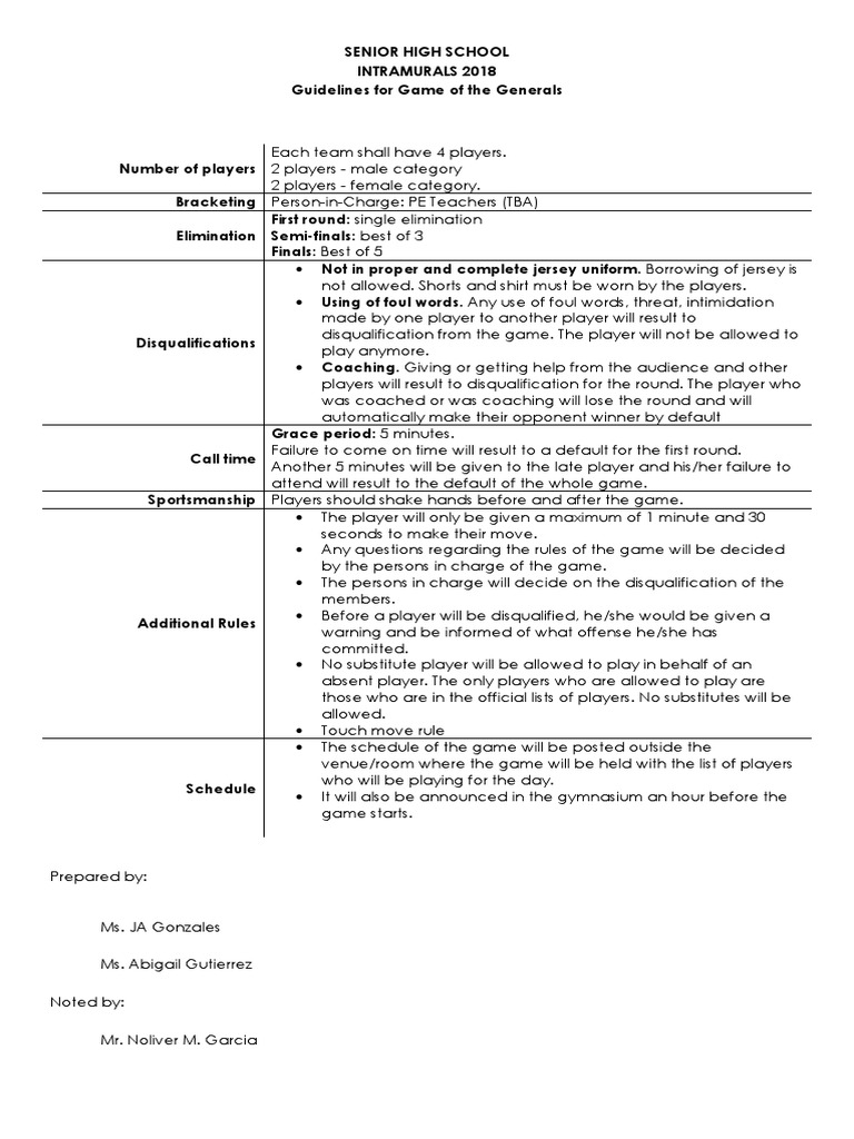 Guidelines For Games of The Generals | PDF | Sports | Sports Rules And ...