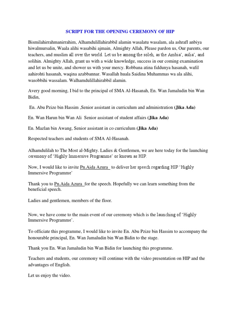 Script For The Opening Ceremony of Hip | Download Free PDF | Behavior ...