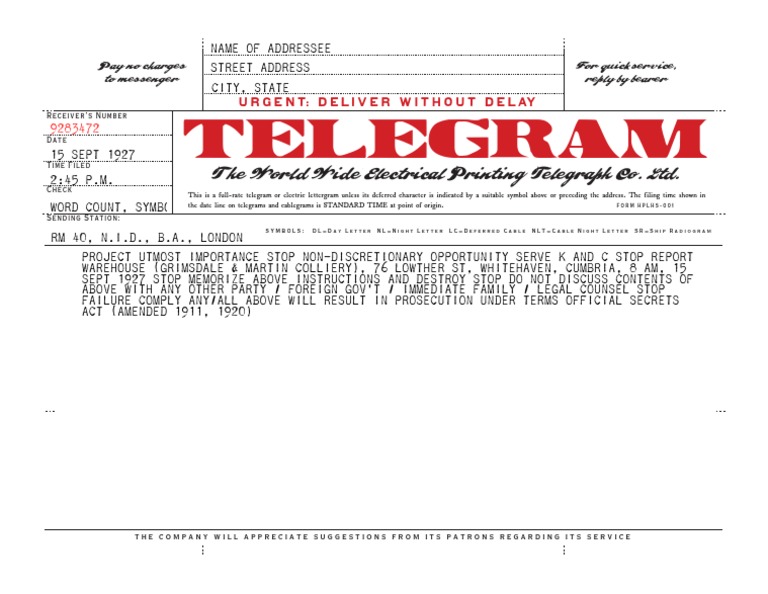 Telegram: The World Wide Electrical Printing Telegraph Co. LTD | PDF
