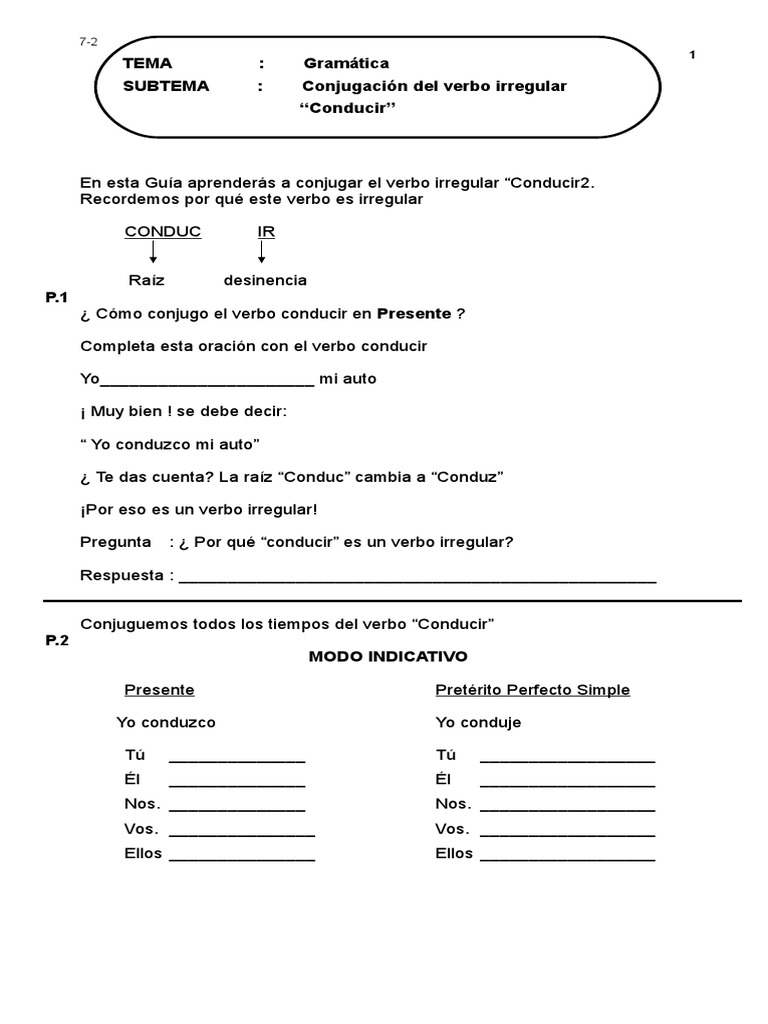 Gramática Conjugación Del Verbo Irregular Conducir 7-2 | Verbo | Onomástica
