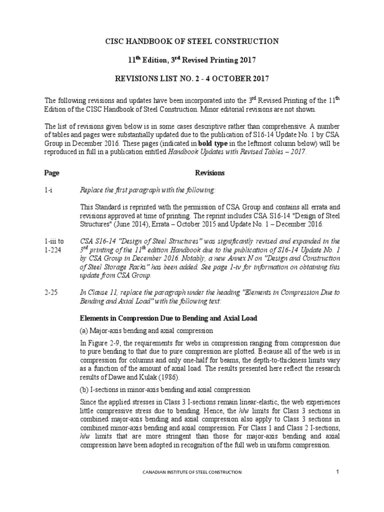 Cisc Handbook of Steel Construction 11 Edition, 3 Revised Printing 2017 ...