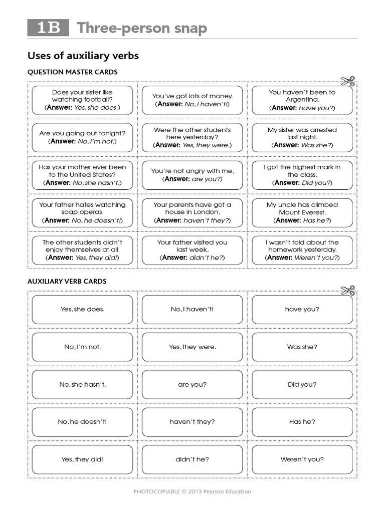Three-Person Snap: Uses of Auxiliary Verbs | PDF