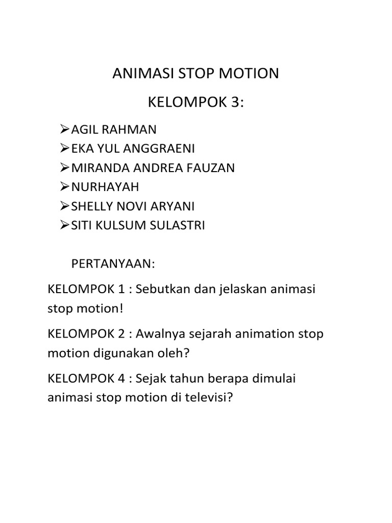Pertanyaan Presentasi Animasi Stop Motion | PDF