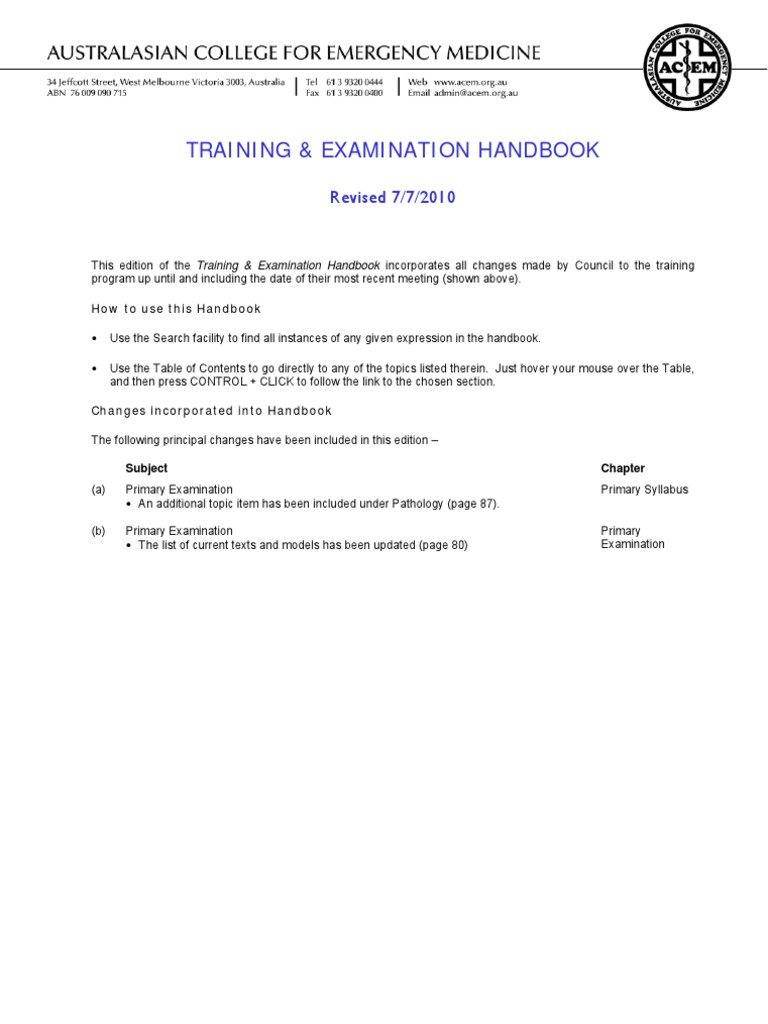 ACEM Training Handbook | Download Free PDF | Test (Assessment) | Medicine