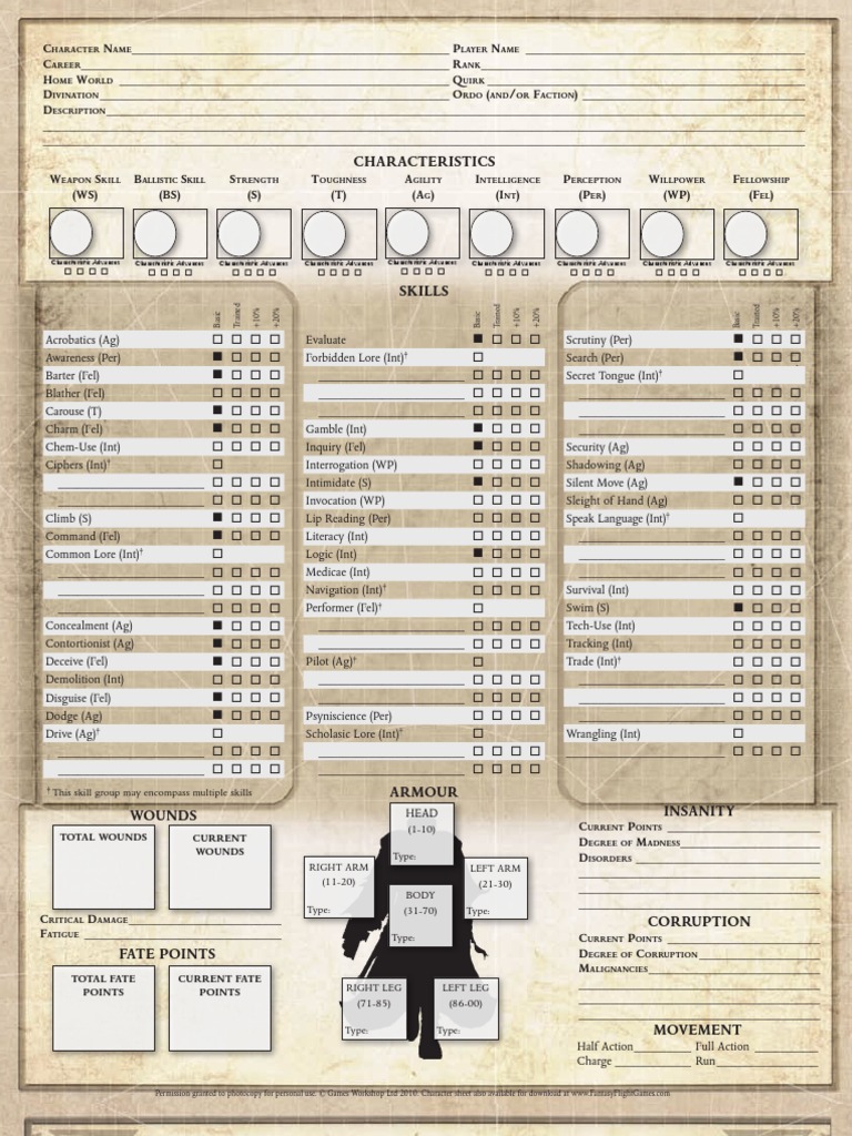 Dark Heresy Character Sheet 5 Page | Leisure