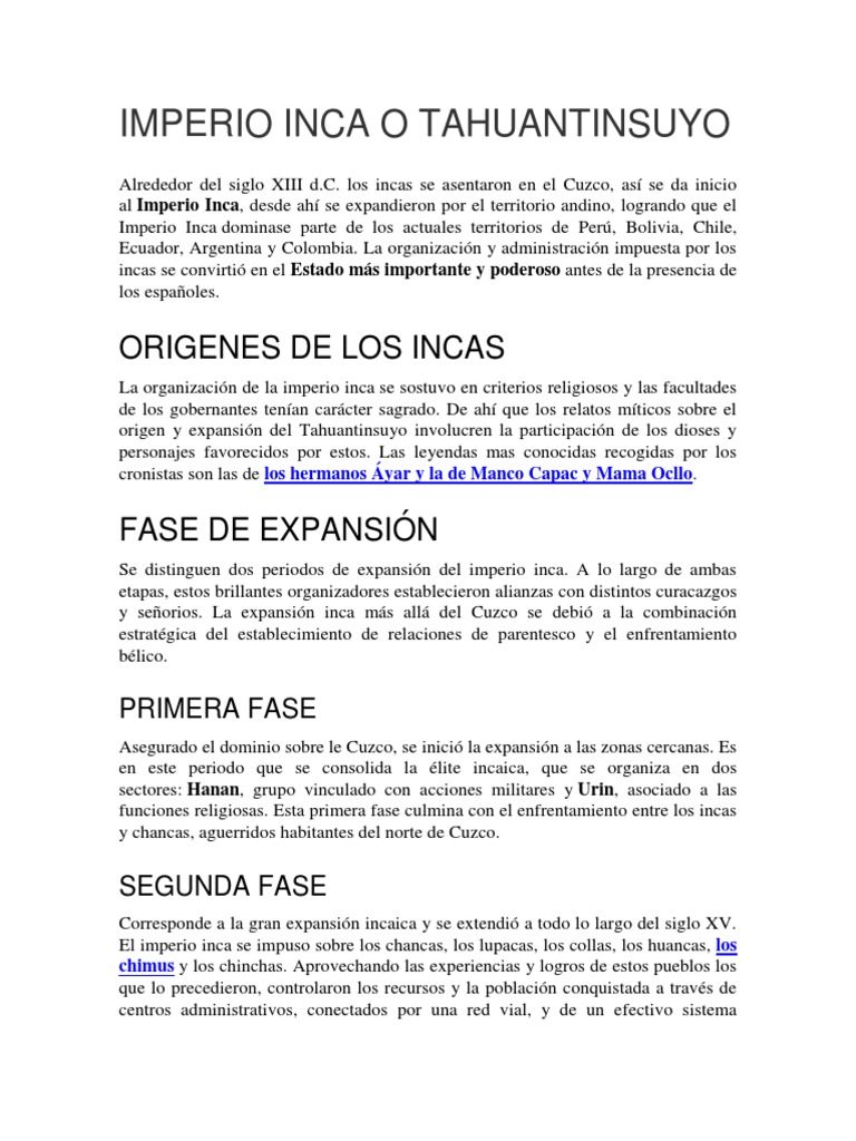 Imperio Inca o Tahuantinsuyo | PDF