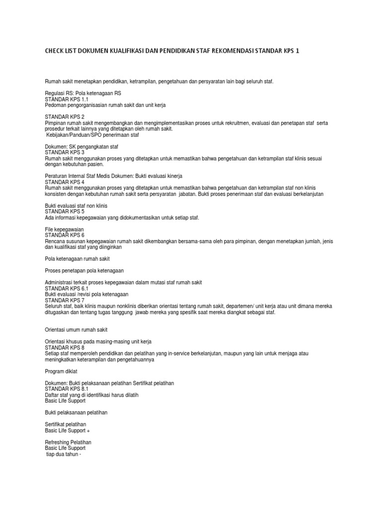 Check List Dokumen Kualifikasi Dan Pendidikan Staf Rekomendasi Standar Kps 1 | PDF