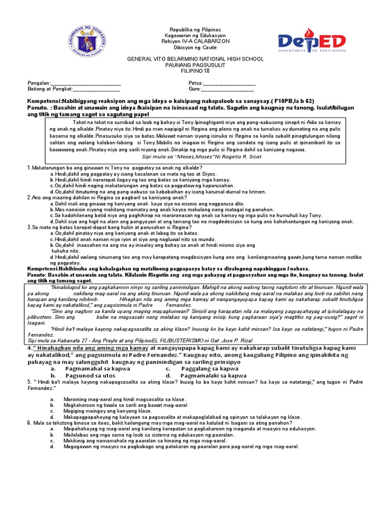 1st Edit Pre Post Test Fil. G10 | PDF