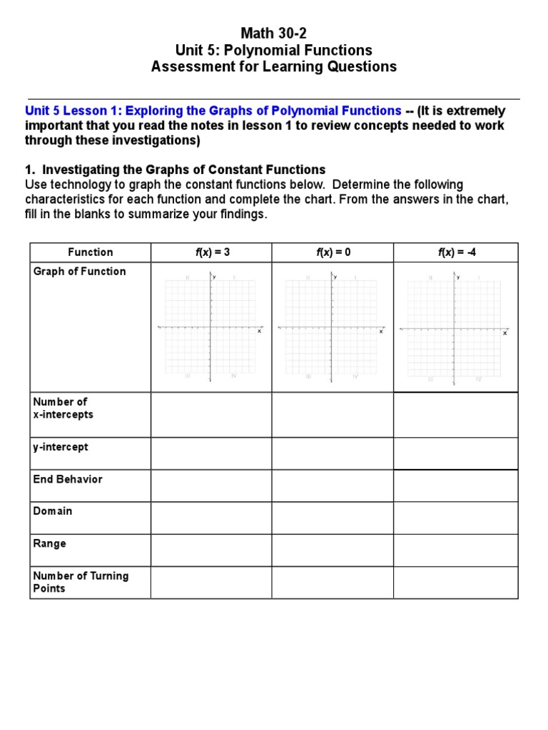Math 30-2 Unit 5: Polynomial Functions Assessment For Learning ...