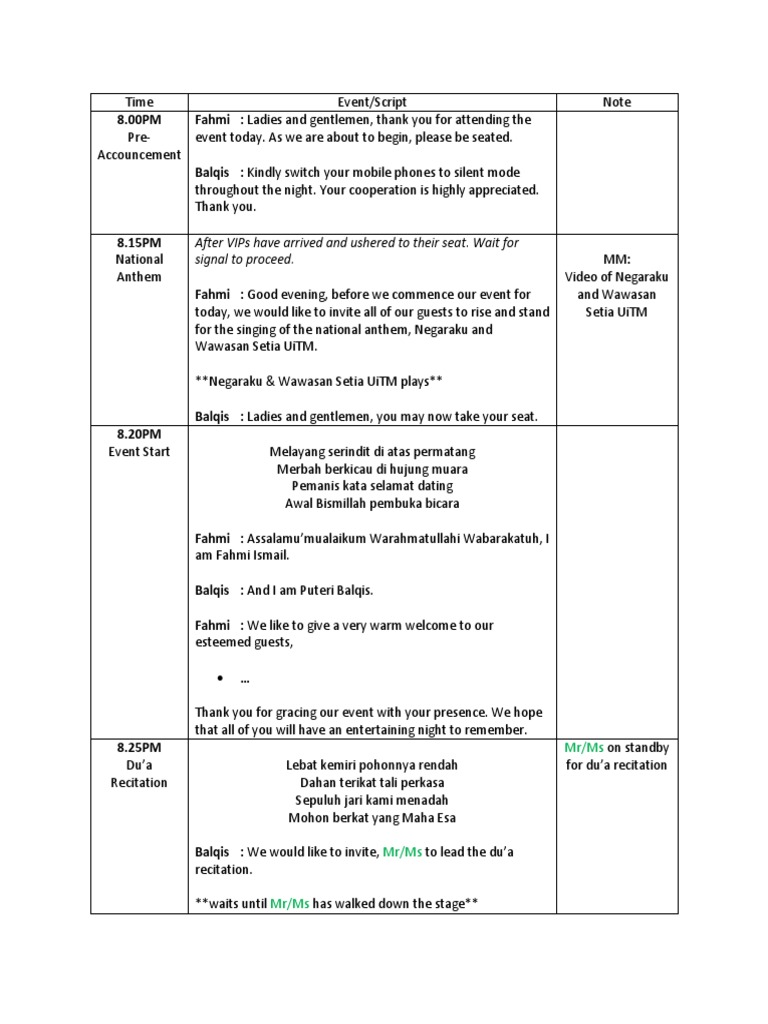 After Vips Have Arrived and Ushered To Their Seat. Wait For Signal To ...