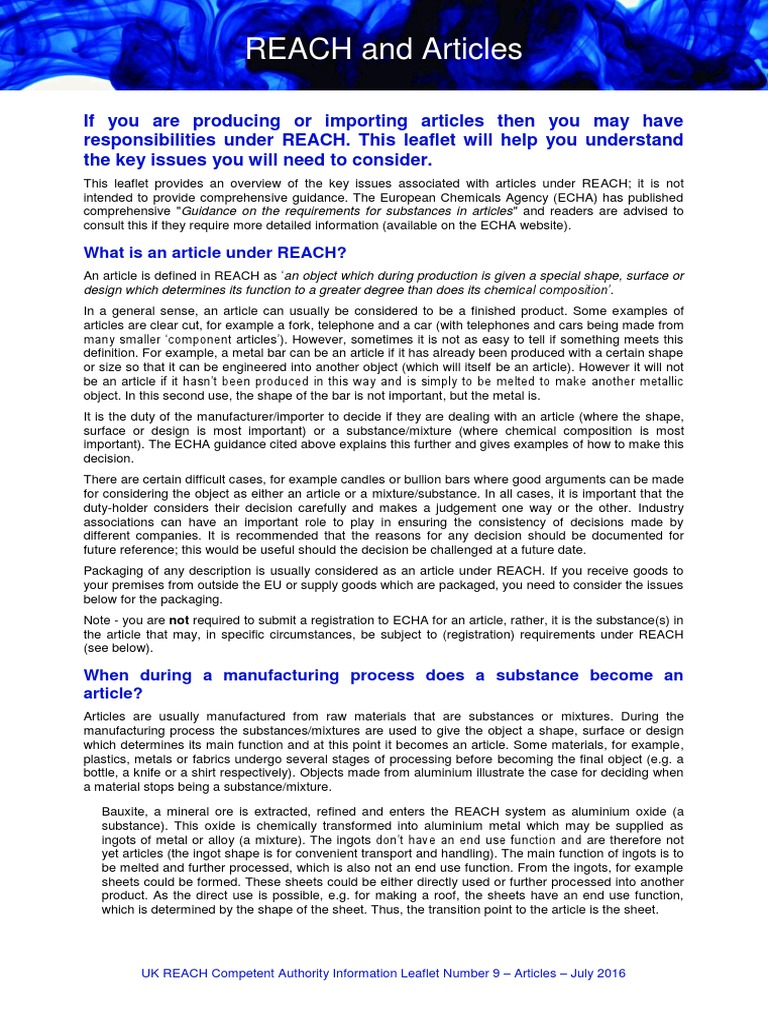 REACH and Articles | PDF | Ingot | Chemical Substances