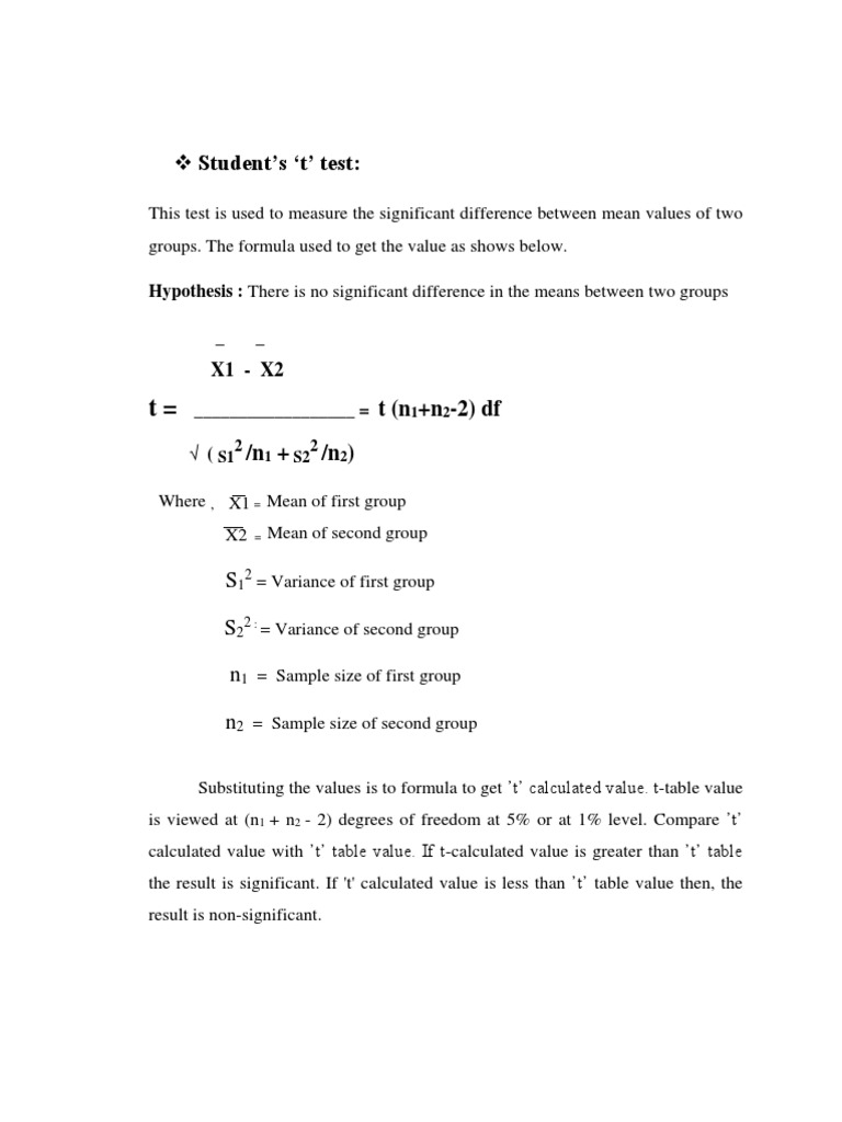 Student's T' Test:: T (N +N - 2) DF /N + /N) | PDF