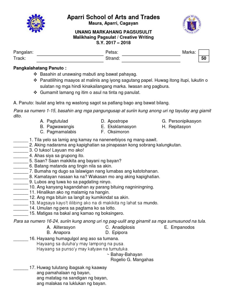 Malikhaing Pagsulat Exam 1 | PDF