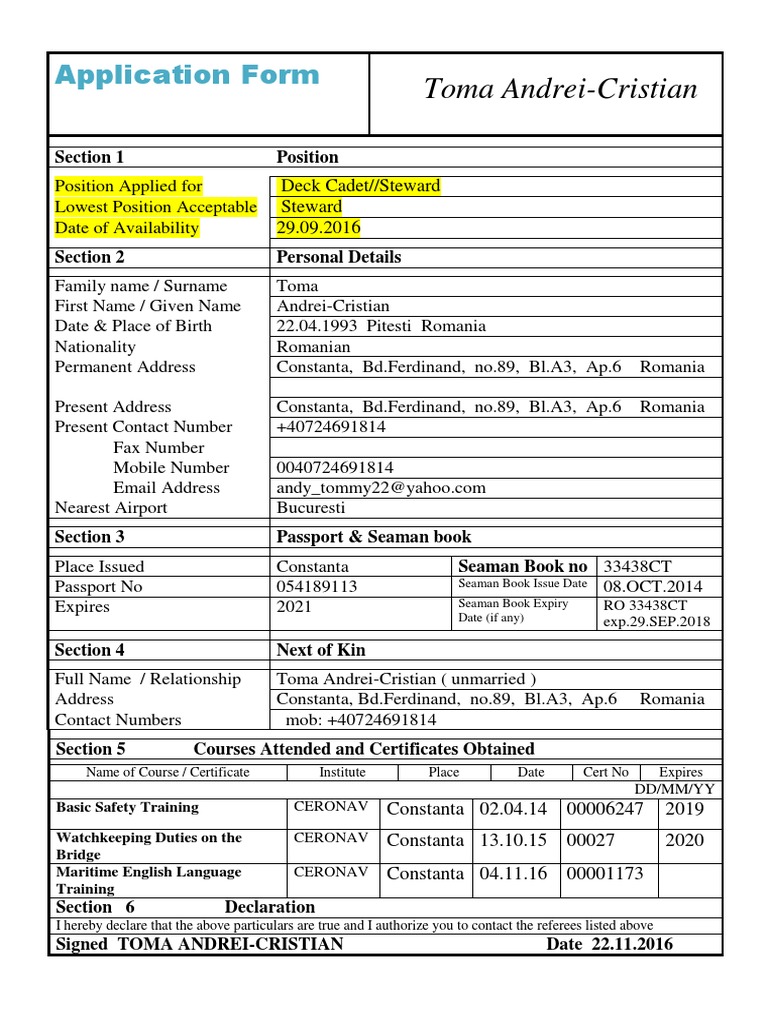 Toma Andrei-Cristian: Application Form | PDF | Transport | Shipping
